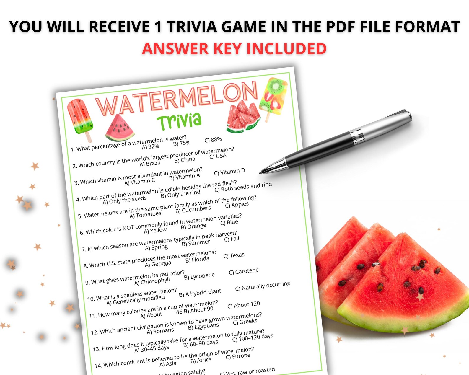 Watermelon Trivia Game, Spring Trivia Game, Summer Birthday Party Game ...