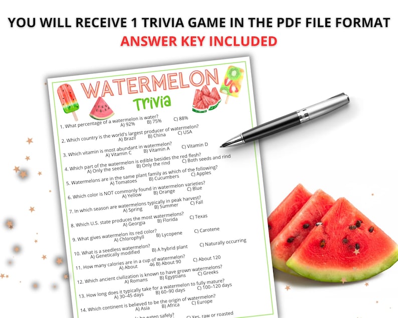 Watermelon Trivia Game, Spring Trivia Game, Summer Birthday Party Game ...