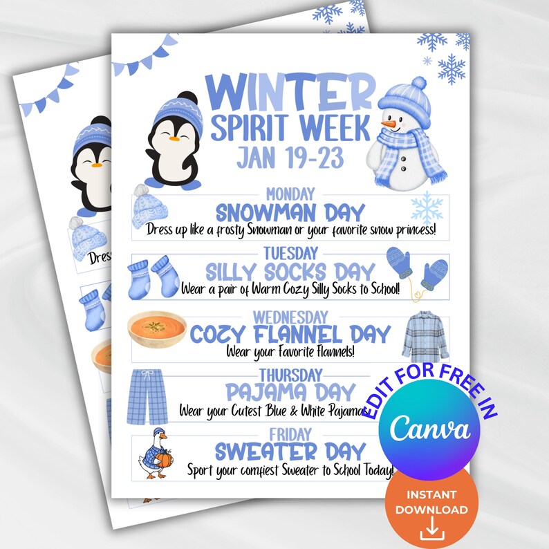 Customizable Winter School Spirit Week Flyer, PTO Schedule, January ...
