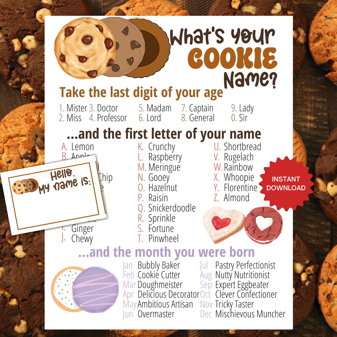 What's Your Cookie Name Game WITH NAMETAGS SIGN, Cookie Birthday Party ...