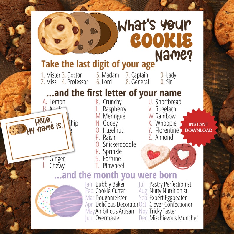 What's Your Cookie Name Game WITH NAMETAGS + SIGN, Cookie Birthday ...