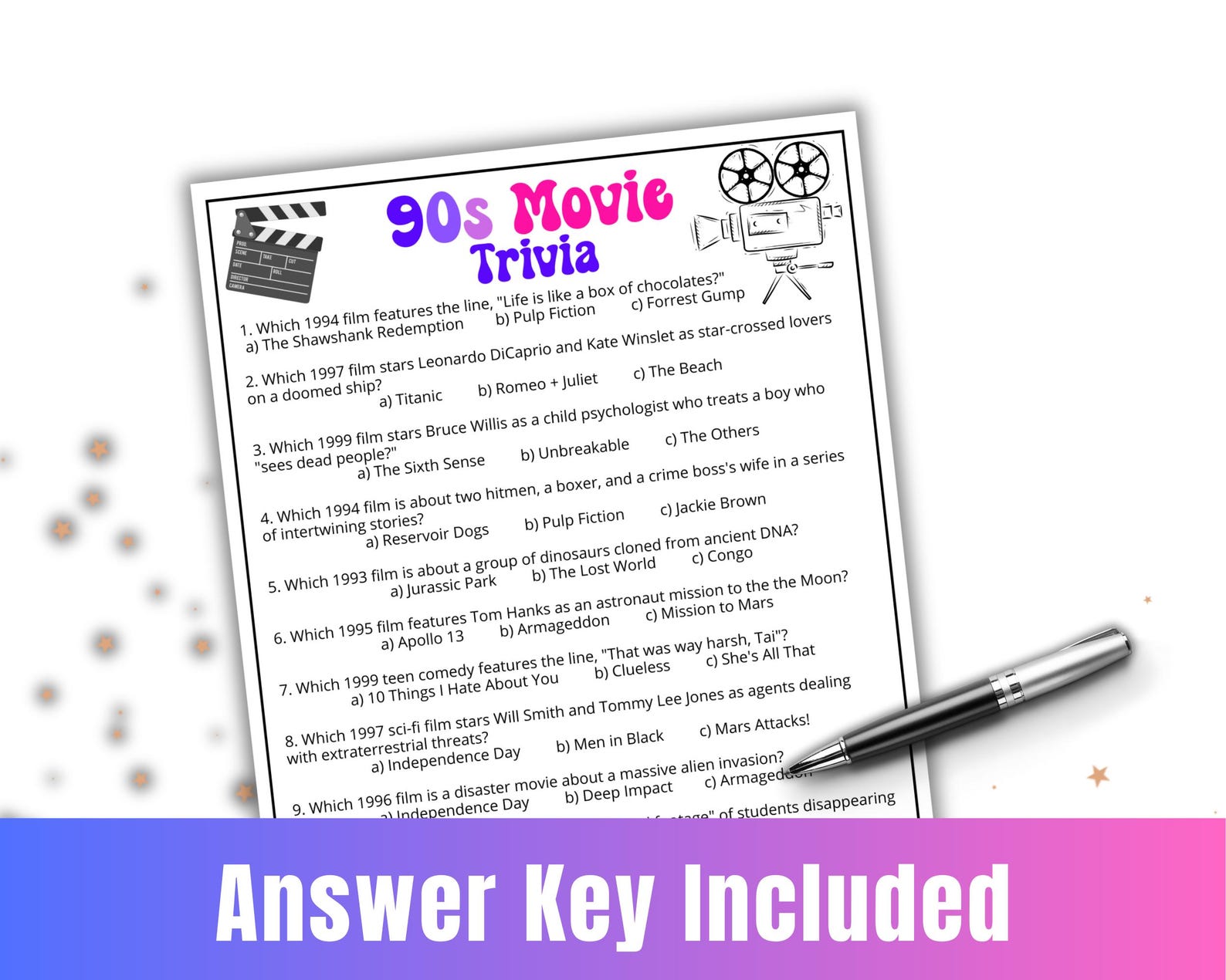 Movie Trivia Game, Decades Movie Quiz Party, Silver Screen Movie Quotes ...
