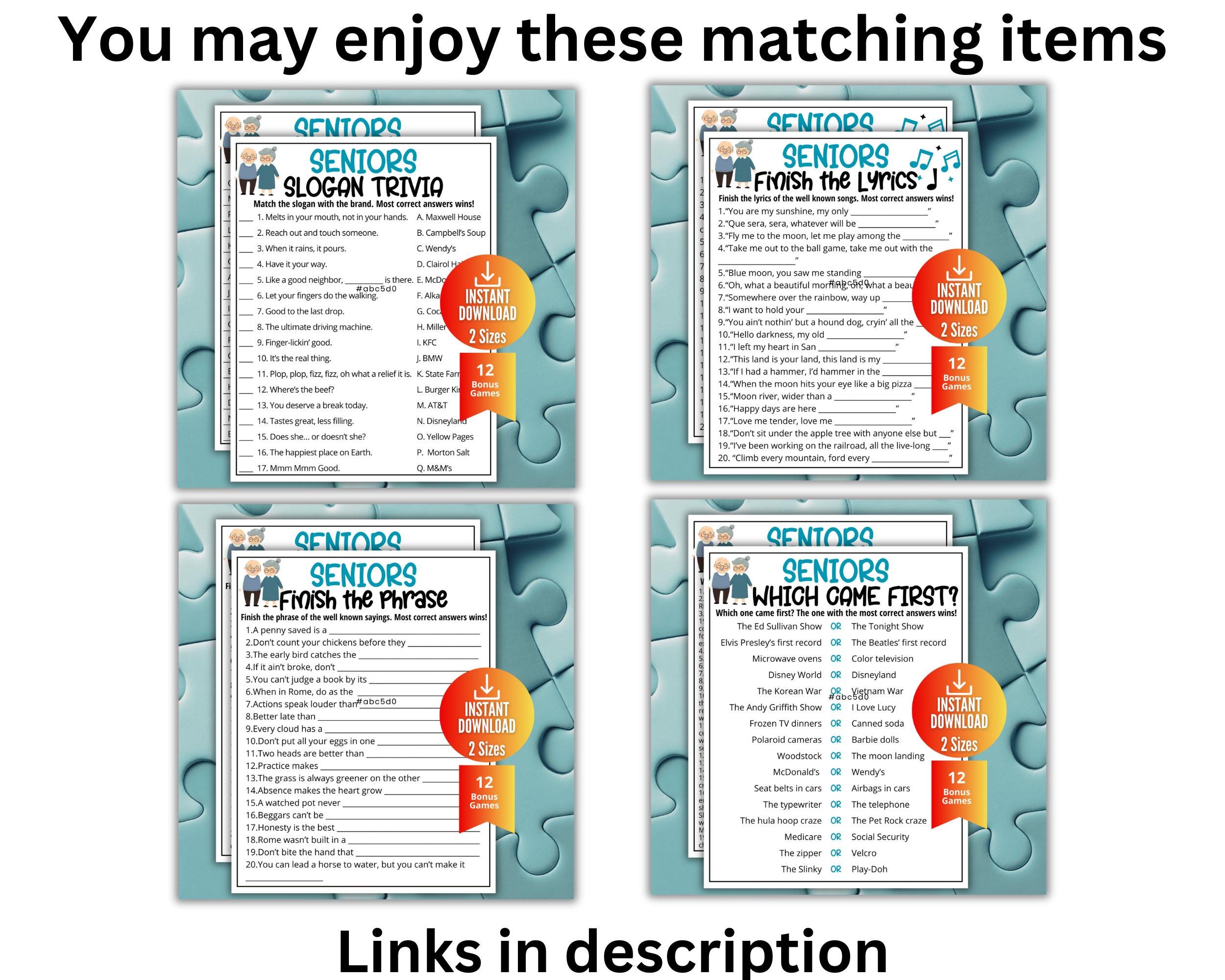 Senior Slogan Trivia Game, Ad Slogan Match up Quiz, Printable TV ...