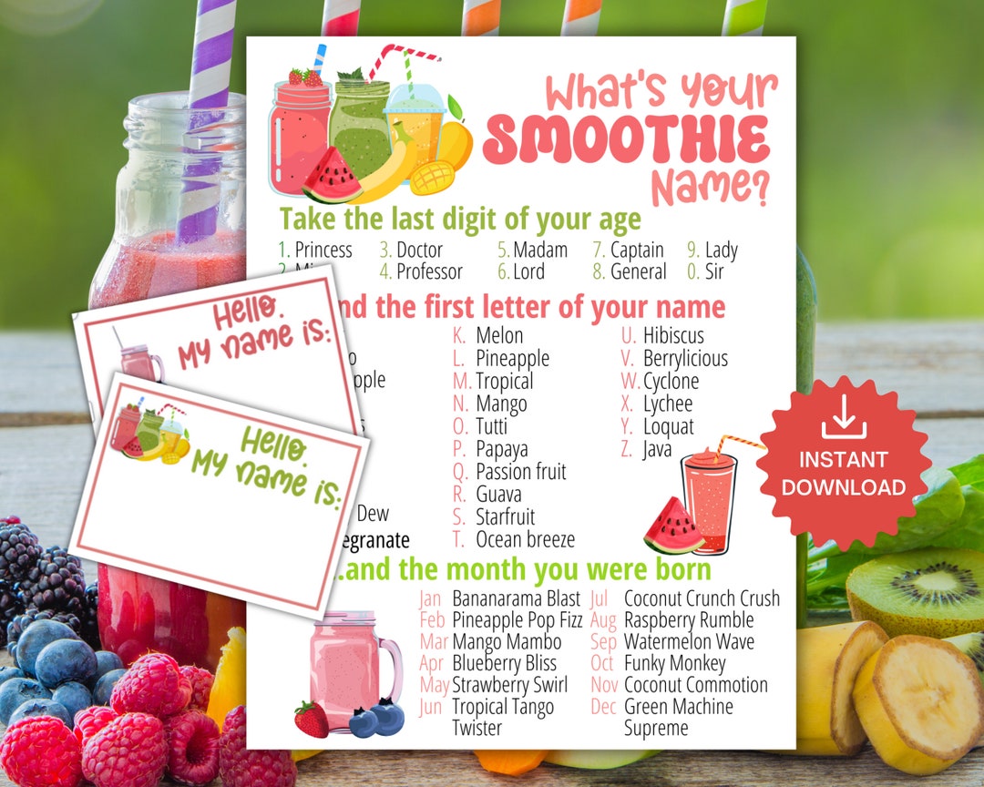 What's Your Smoothie Name Game WITH NAMETAGS SIGN, Smoothi Baby Shower ...