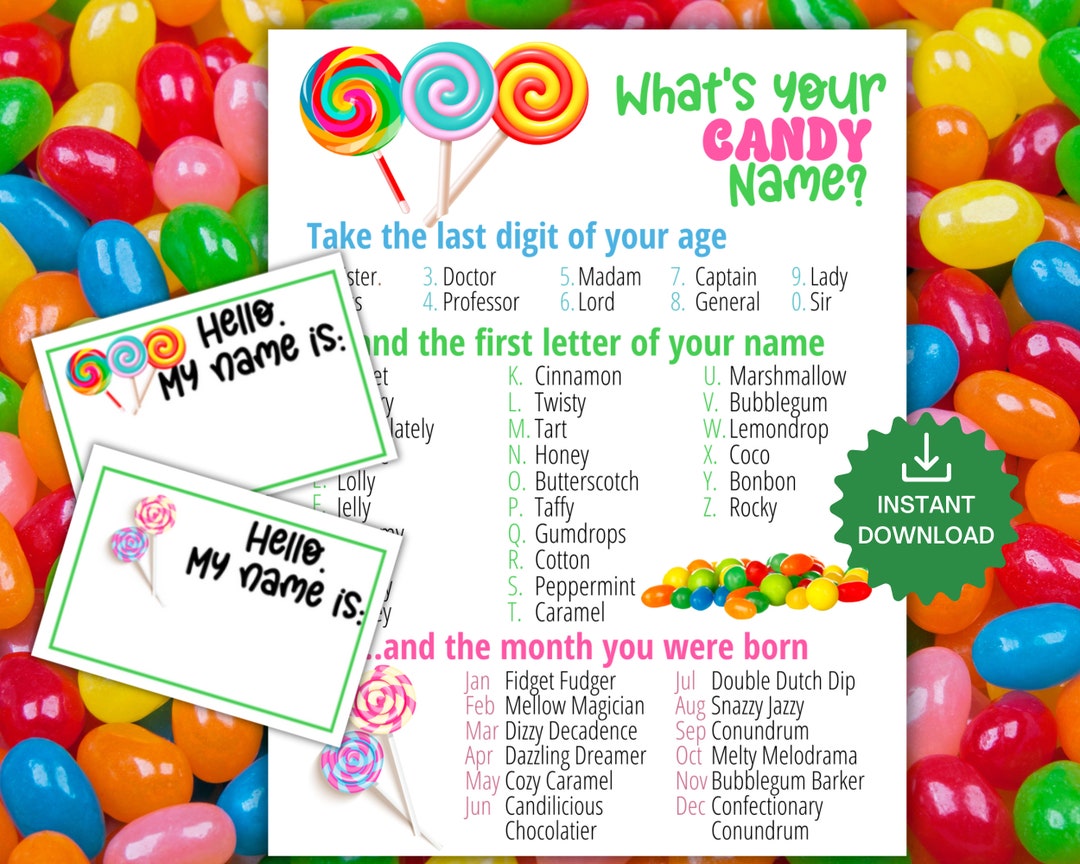 What's Your Candy Name Game WITH NAMETAGS + SIGN, Candy Party Game ...