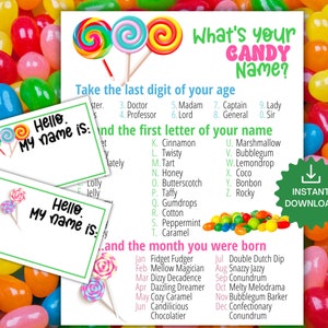 What's Your Candy Name Game WITH NAMETAGS + SIGN, Candy Party Game ...