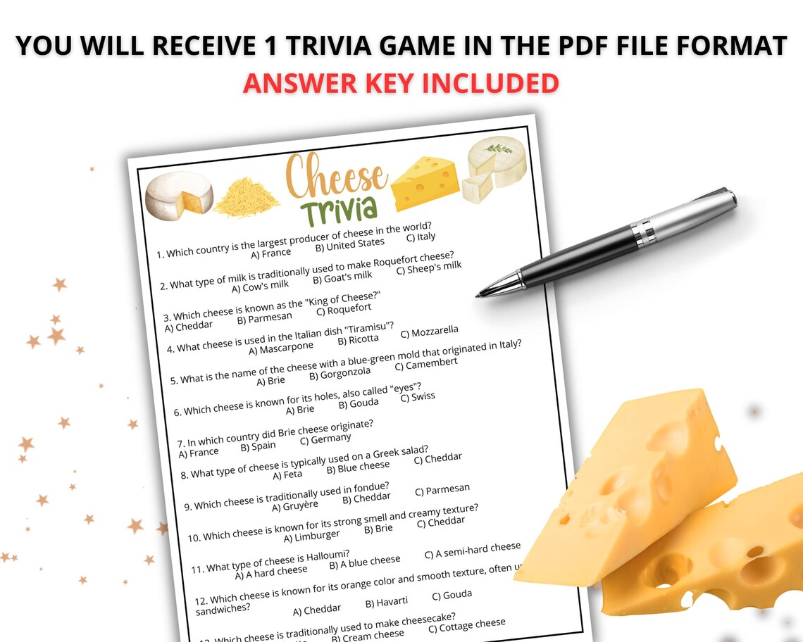 Cheese Trivia Game, Printable Wine & Cheese Party Game for Adults ...