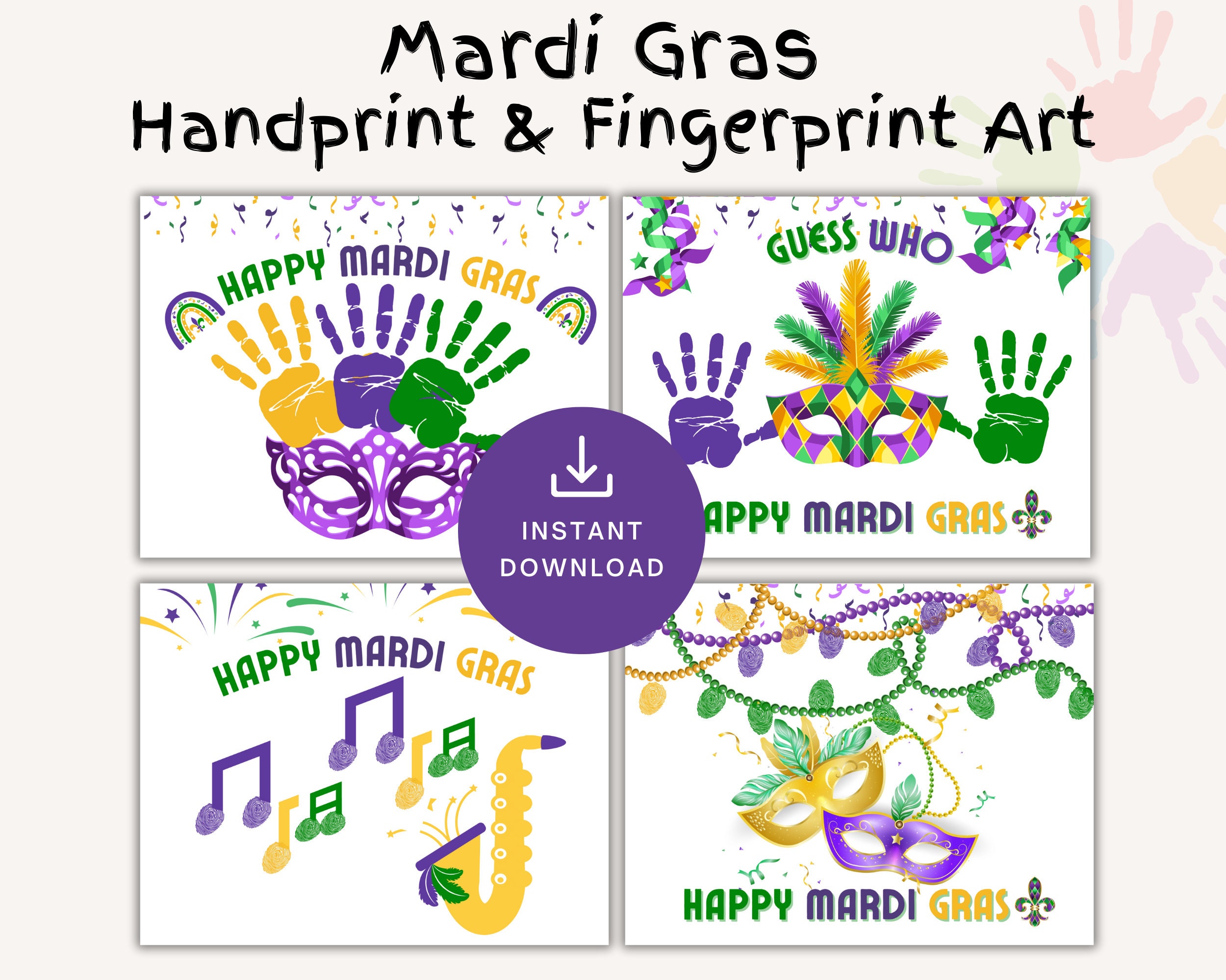 Mardi Gras Handprint Art, 4 Pack Bundle Mardi Gras Activity, Handprint ...