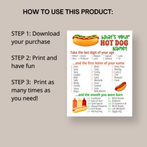 What's Your Hot Dog Name Game With NAMETAGS & SIGN, Hot Dog Party Game ...