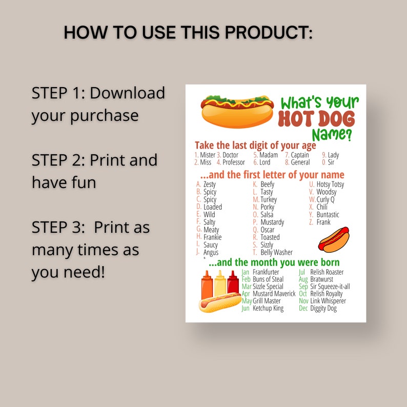 What's Your Hot Dog Name Game With NAMETAGS & SIGN, Hot Dog Party Game ...