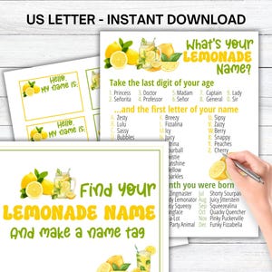 What's Your Lemonade Name Game WITH NAMETAGS + SIGN, Lemon First ...