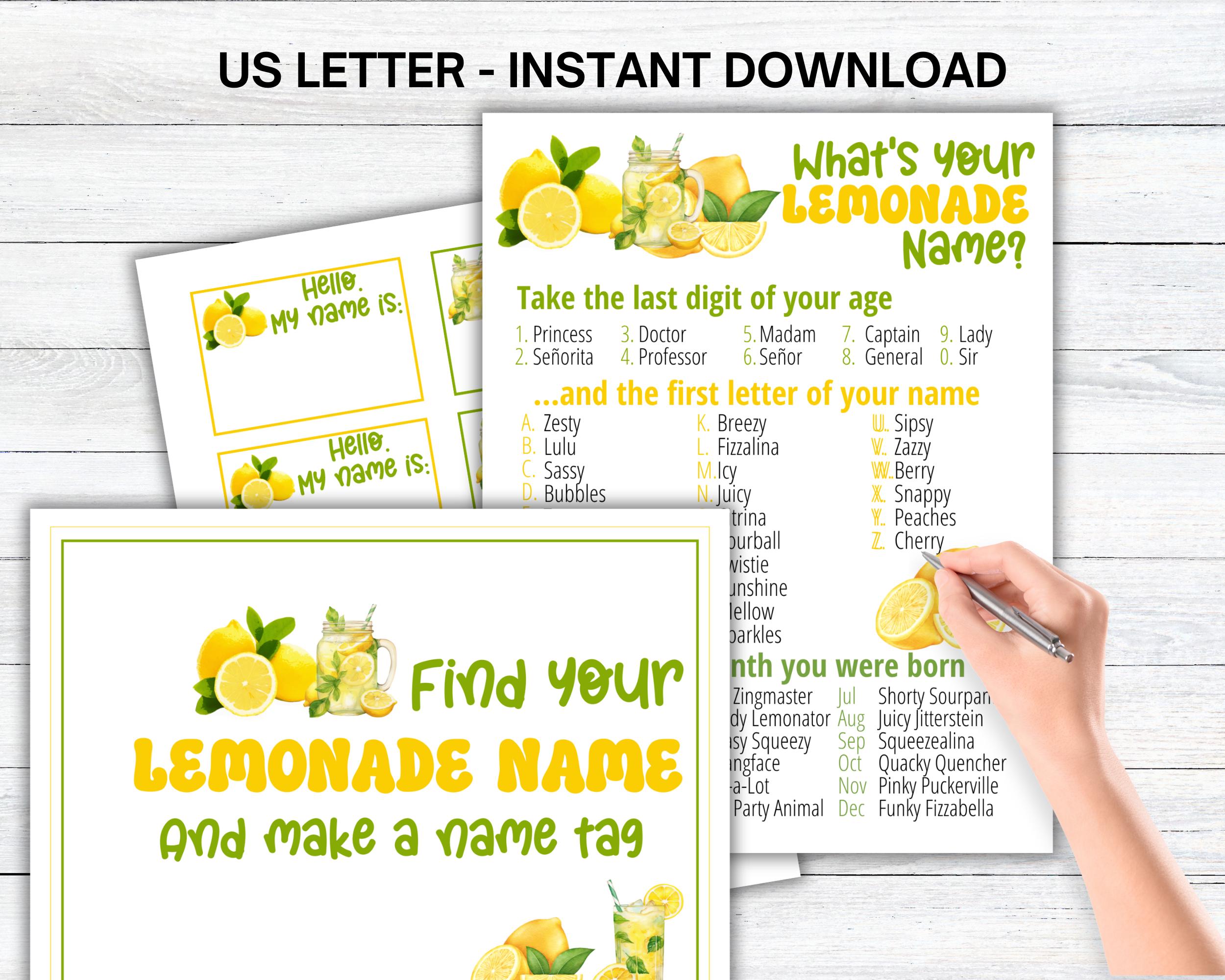What's Your Lemonade Name Game WITH NAMETAGS + SIGN, Lemon First ...
