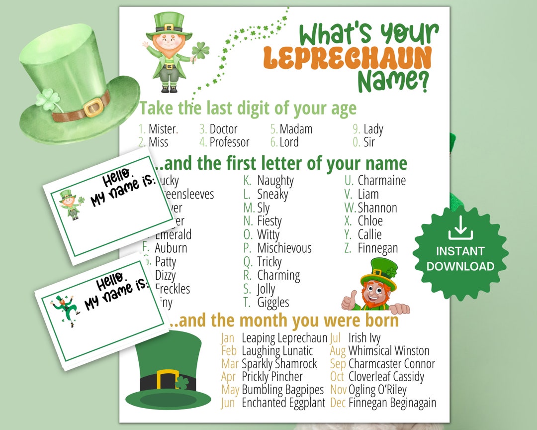 What's Your Leprechaun Name Game WITH NAMETAGS + Sign,game,st Patrick's ...