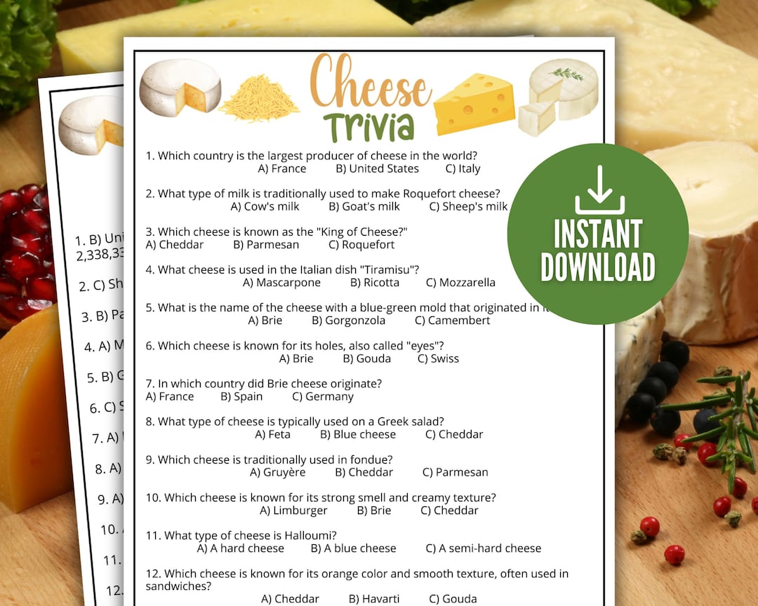 Cheese Trivia Game, Printable Wine & Cheese Party Game for Adults ...