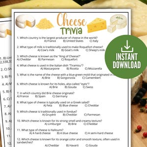 Cheese Trivia Game, Printable Wine & Cheese Party Game for Adults ...
