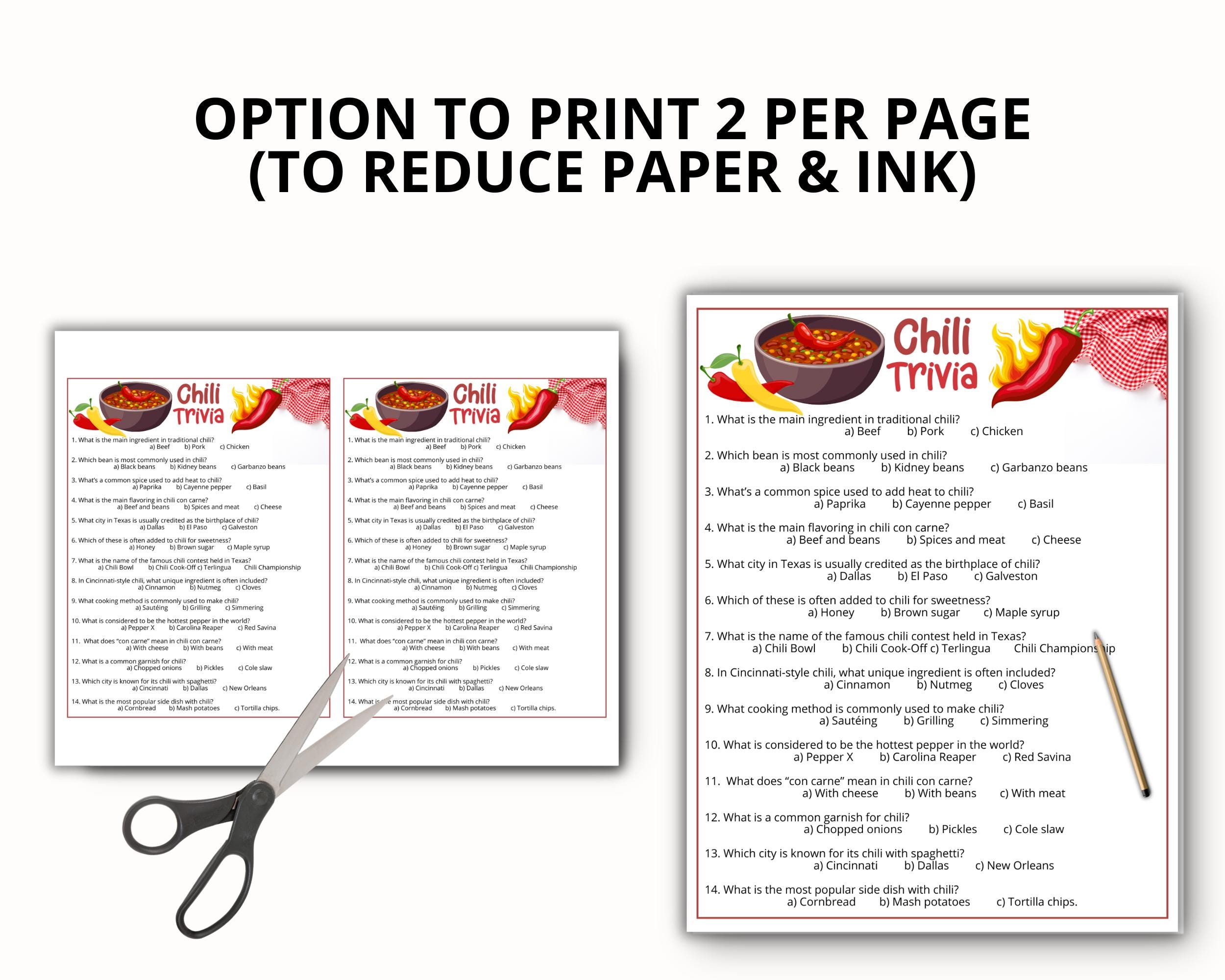 Chili Trivia Game, Printable Chili Cookoff Game for Kids & Adults ...