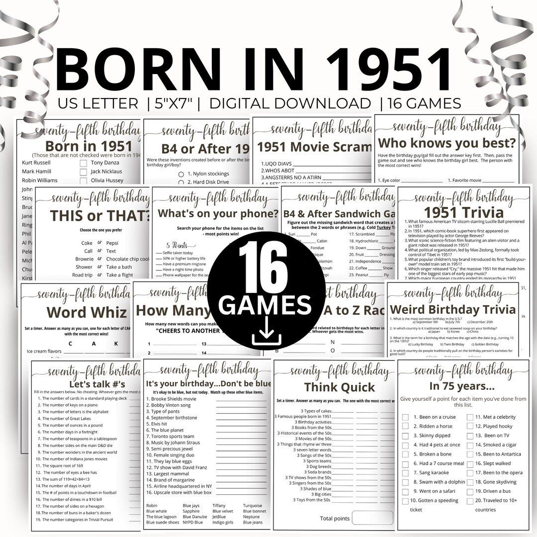 75th Birthday Party Games, Born in 1951 Game, 1951 Birthday Games,75th ...