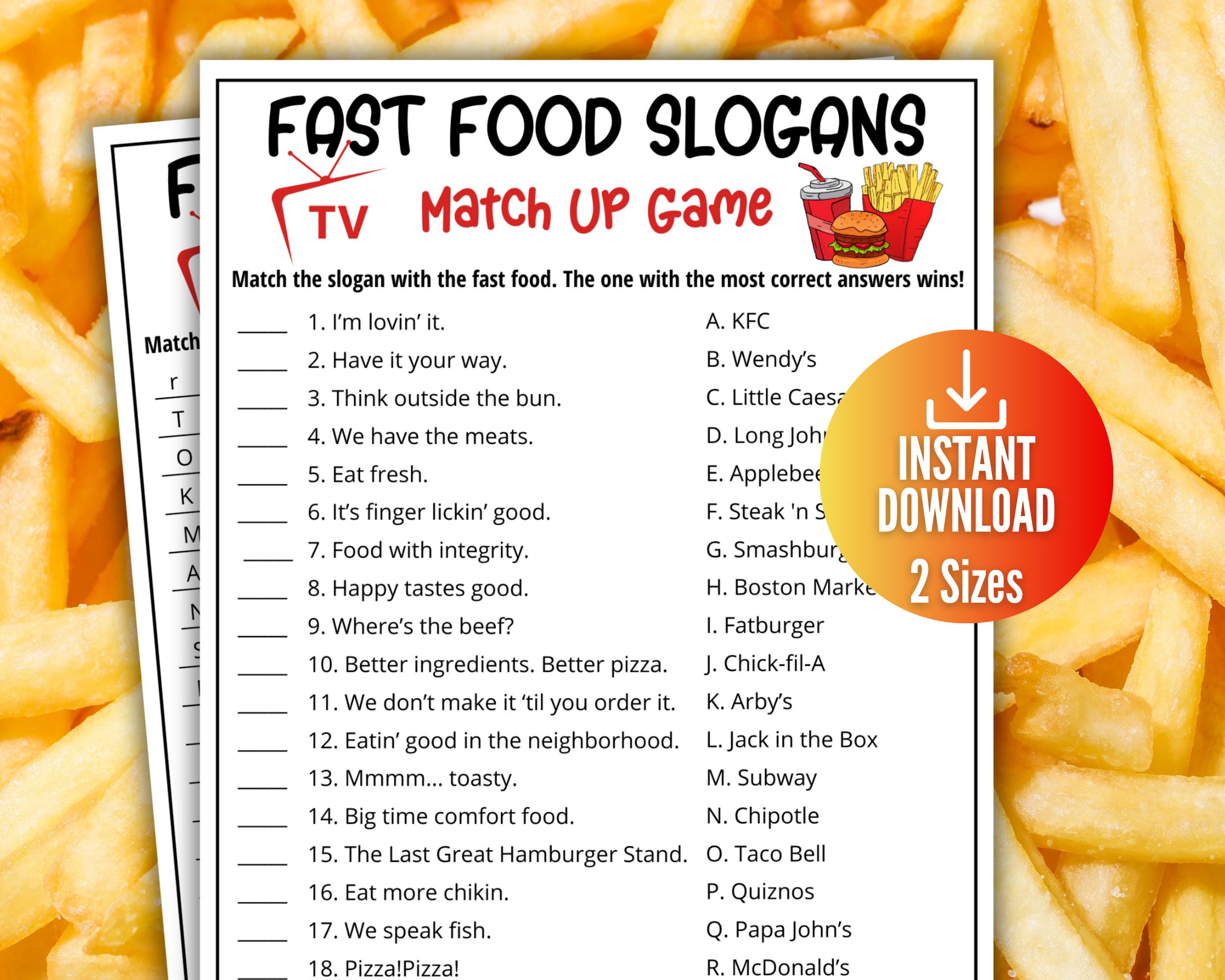 Fast Food Slogan Trivia Game,ad Slogan Match up Quiz,printable TV ...