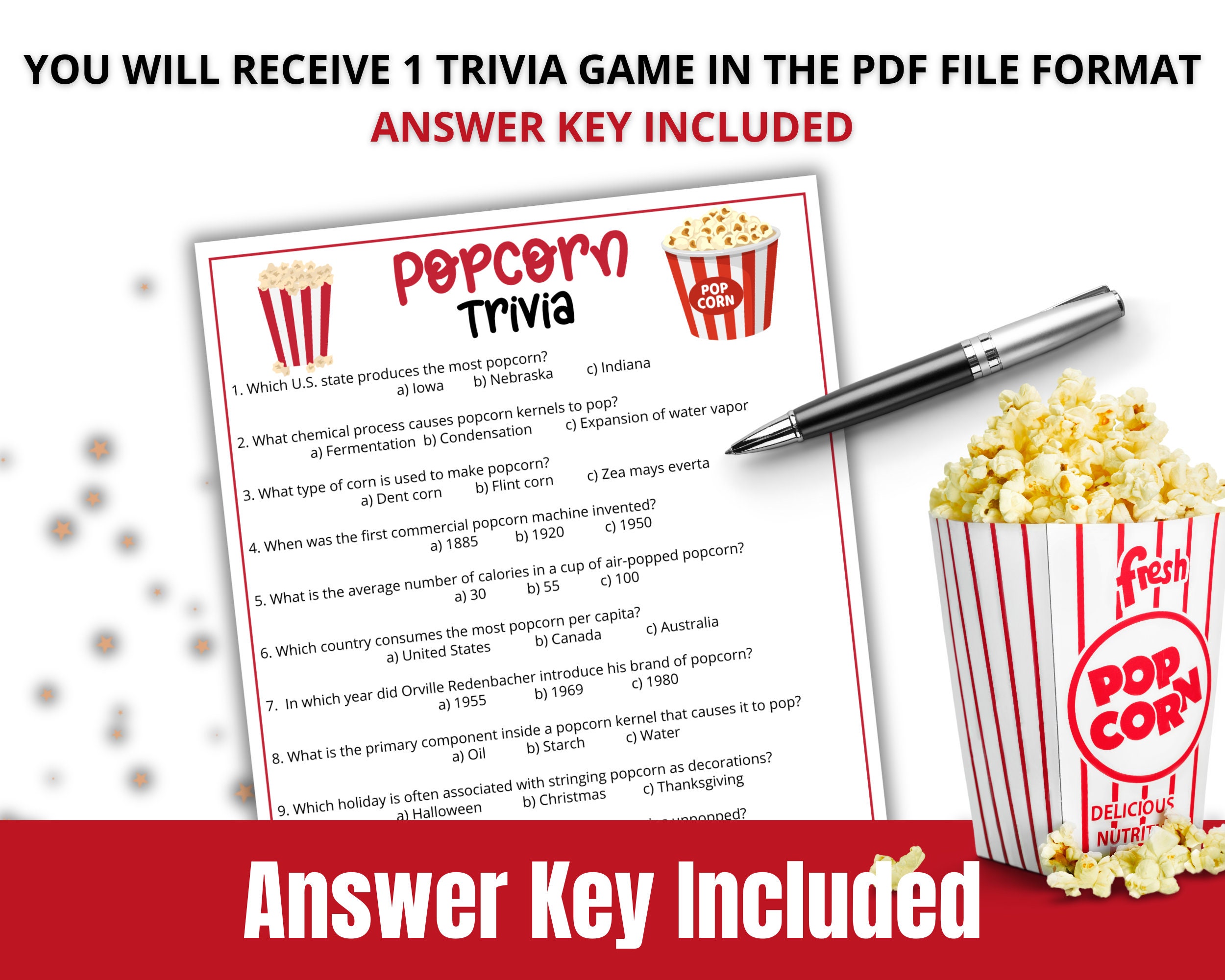 Popcorn Trivia Game, Printable Popcorn Game for Kids & Adults, Popcorn ...