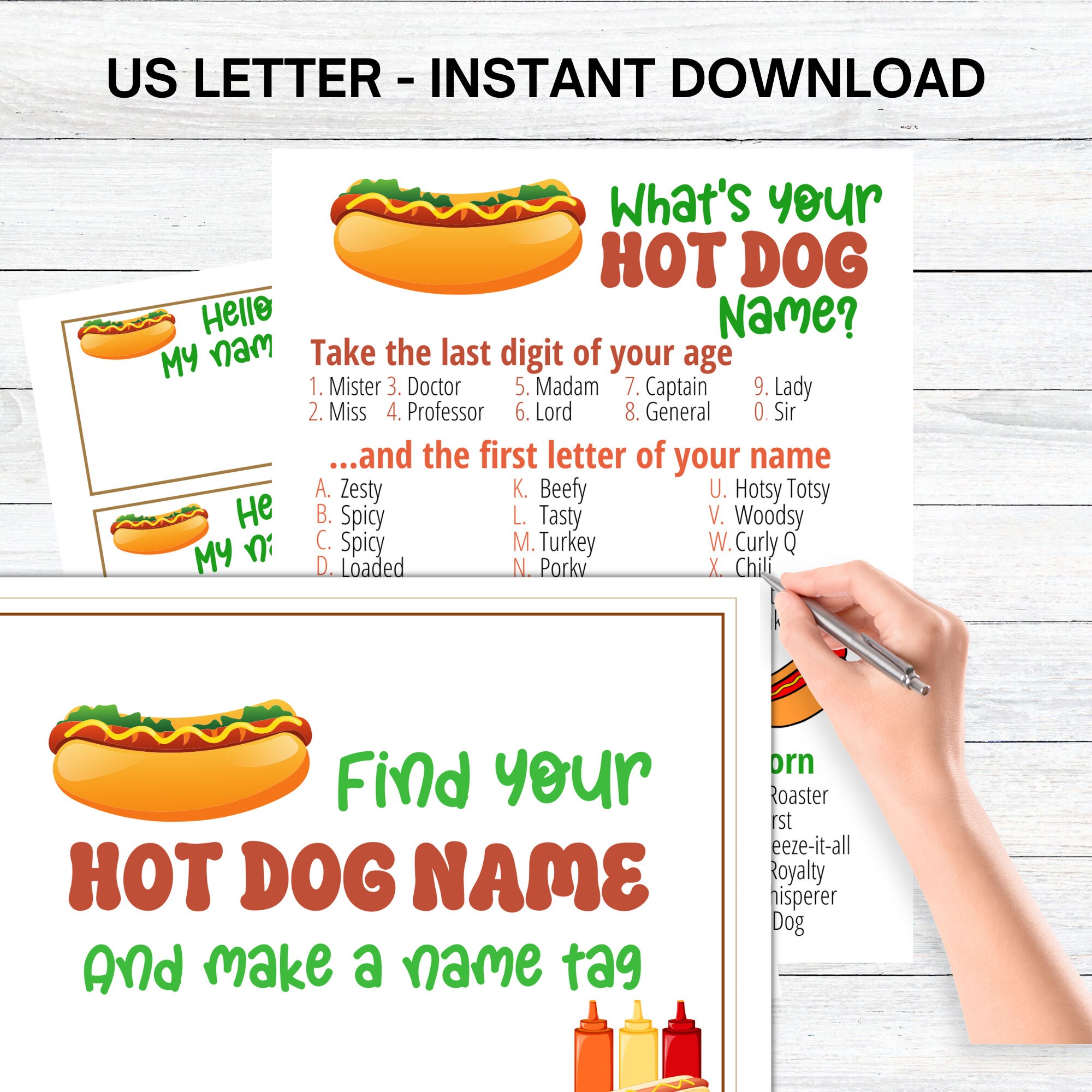 What s Your Hot Dog Name Game With NAMETAGS SIGN Hot Dog Party Game