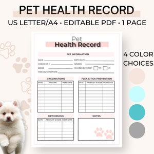 Pet Health Record, Dog Breeder Forms, Dog Owner Template, Editable Dog ...