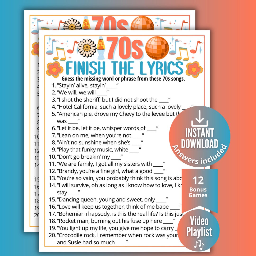 70s Finish the Lyrics Trivia Game, Printable Seventies Music Game for ...