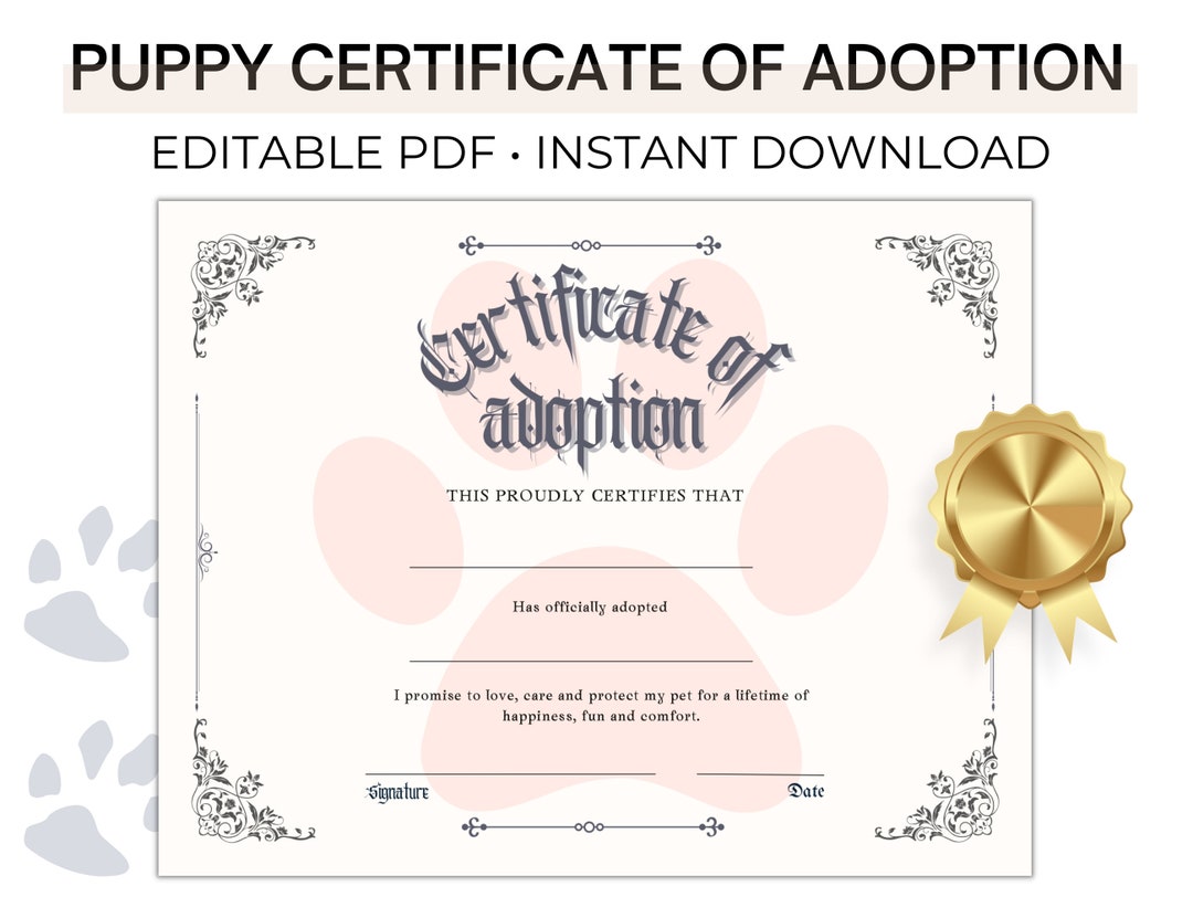 Puppy Certificate of Adoption Pet Adoption Editable PDF - Etsy