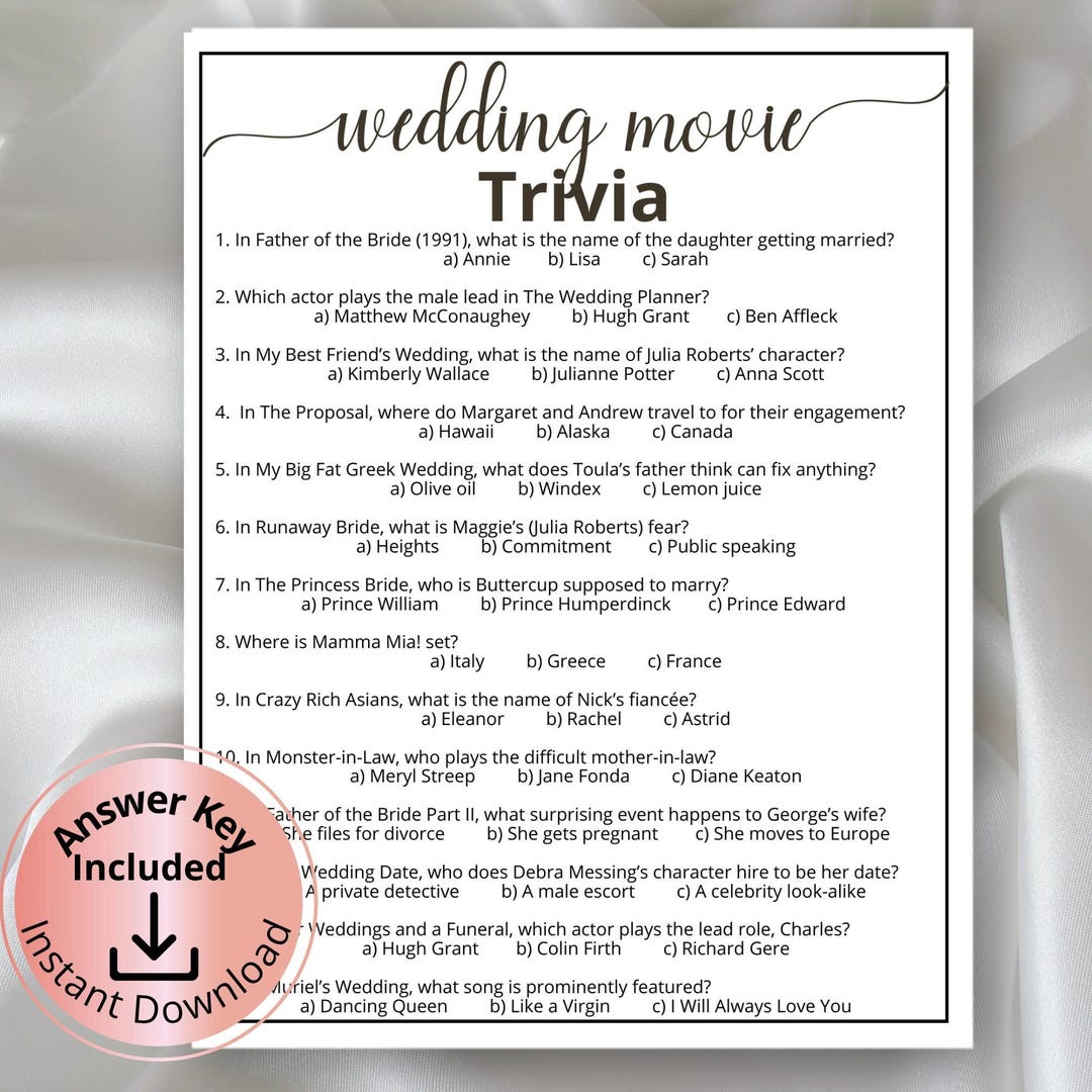 Wedding Movie Trivia Game, Silver Screen Quiz Party, Movie Quotes ...