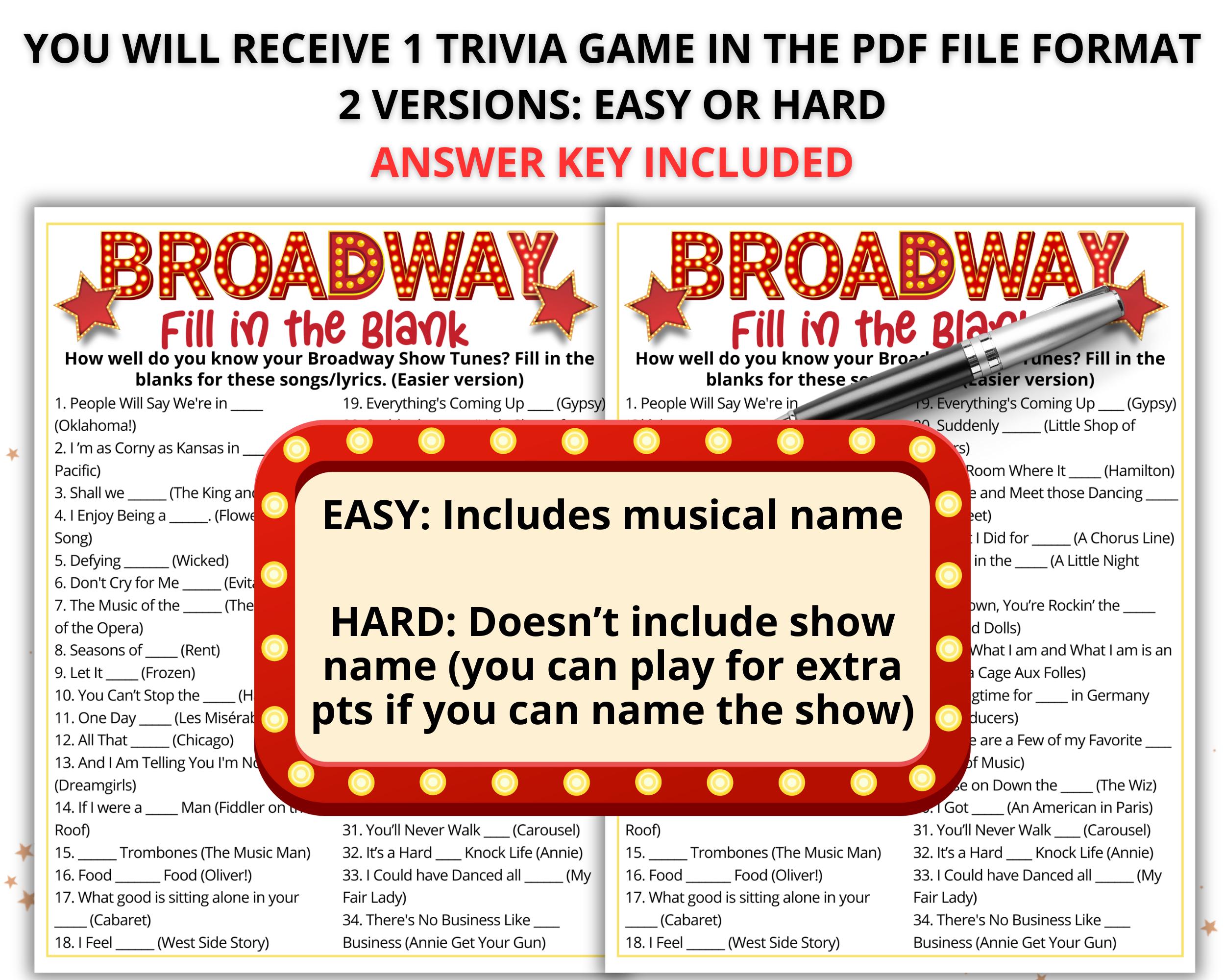Broadway Musical Trivia Game, Musical Theater Fill in the Blank Quiz ...