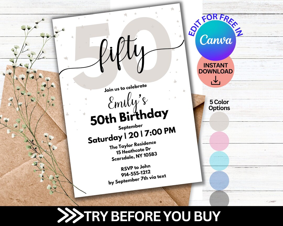 50th Birthday Invitations, Editable 50th Bday Party Invite, Born in ...