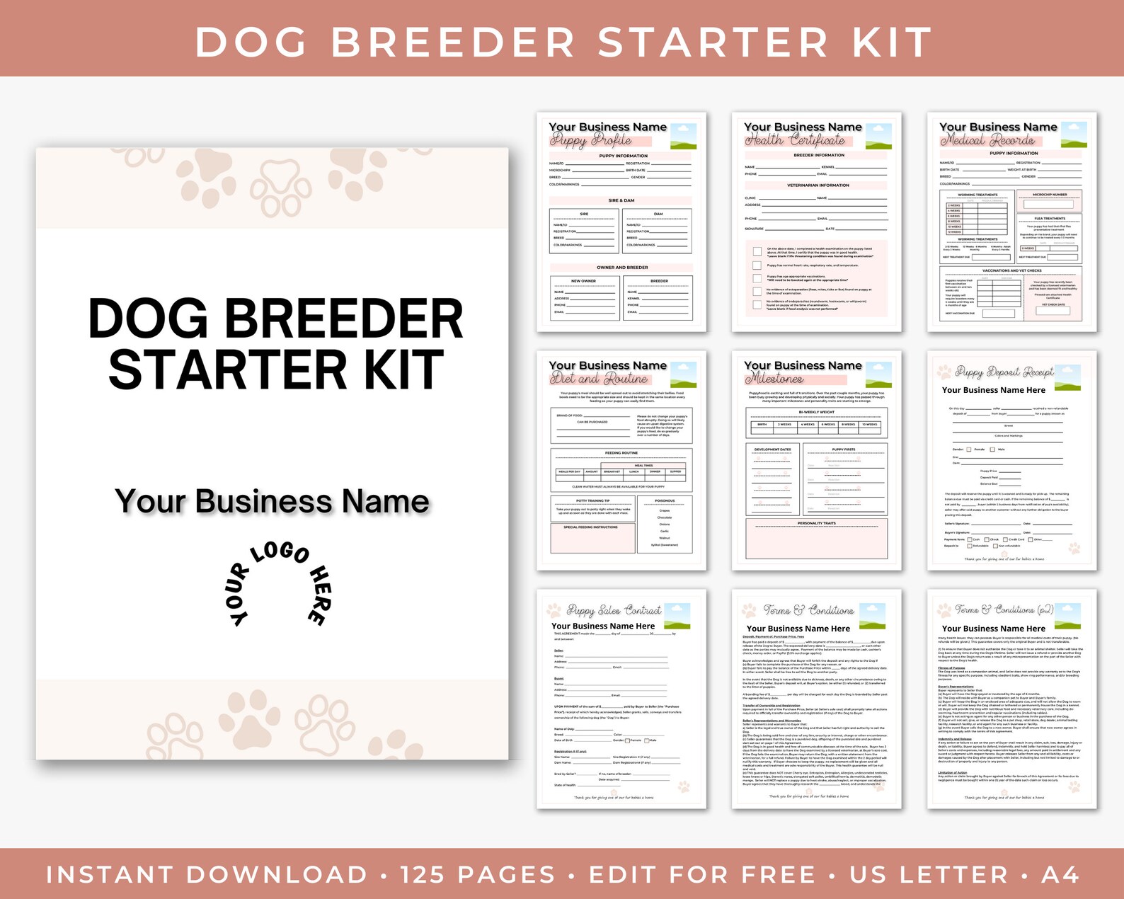Editable Puppy Breeder Starter Kit Templates, Dog Training Handbook for ...