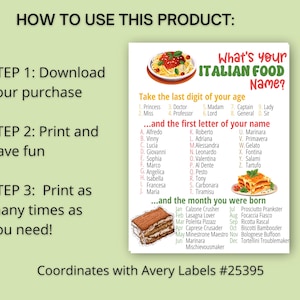 What's Your Italian Food Name Game WITH NAMETAGS +SIGN, Pasta Dinner ...