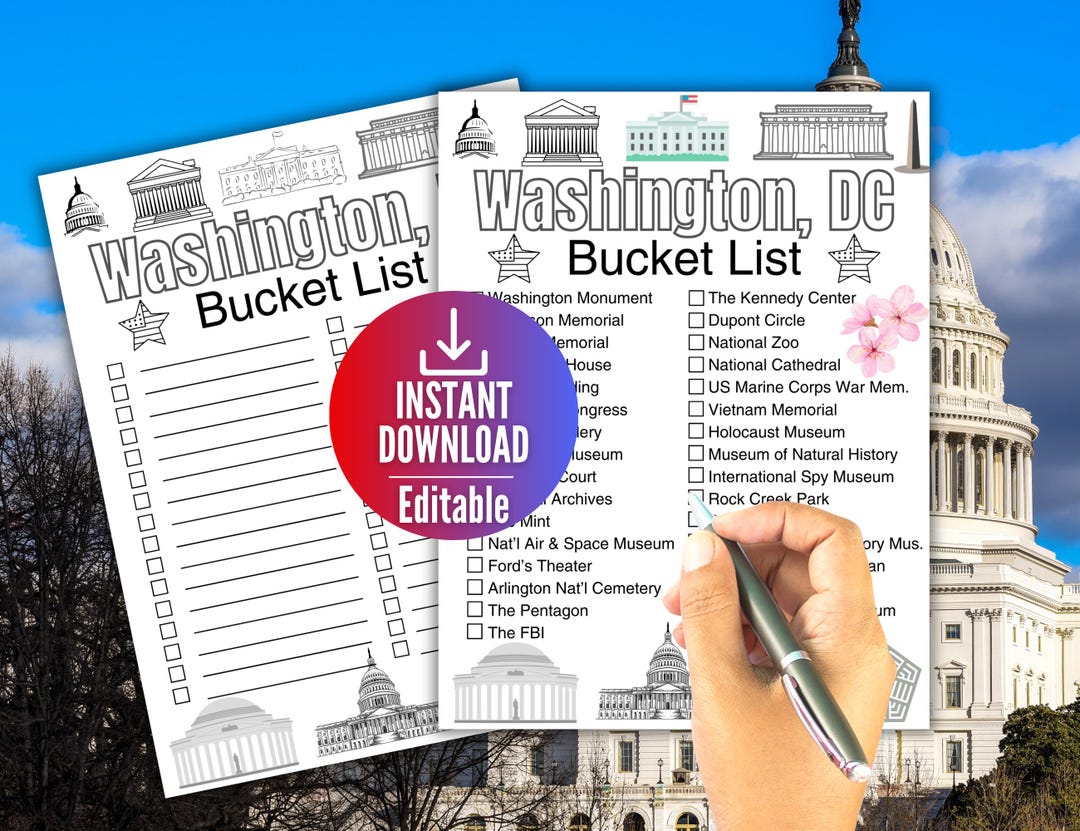 Washington DC Bucket List Printable - Editable PDF, Washington D.C ...