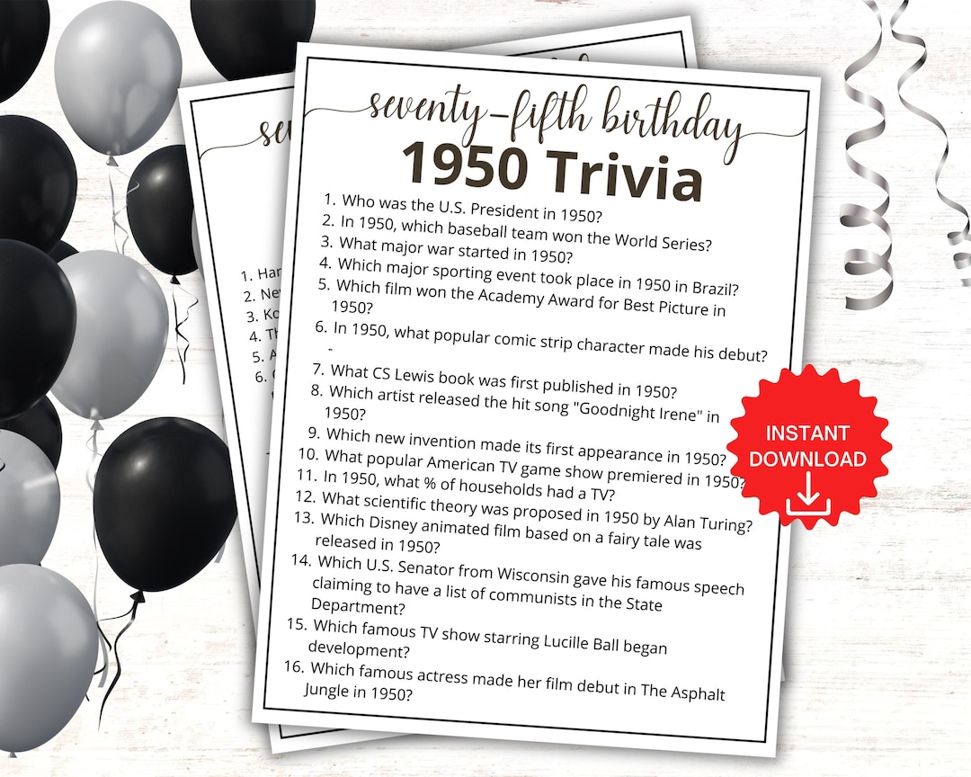 1950 Trivia Game, 75th Birthday Party Games, Born in 1950 Game, 1949 ...