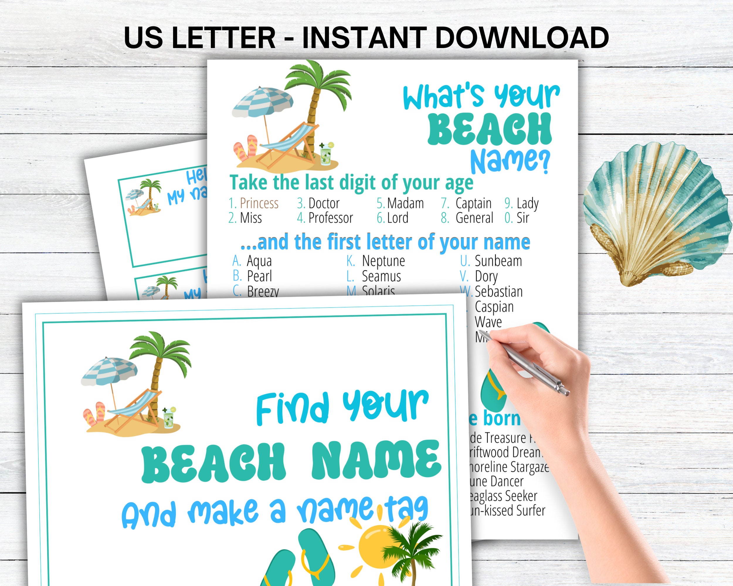 What's Your Beach Name Game WITH NAMETAGS + SIGN, Beach Vacation Party ...