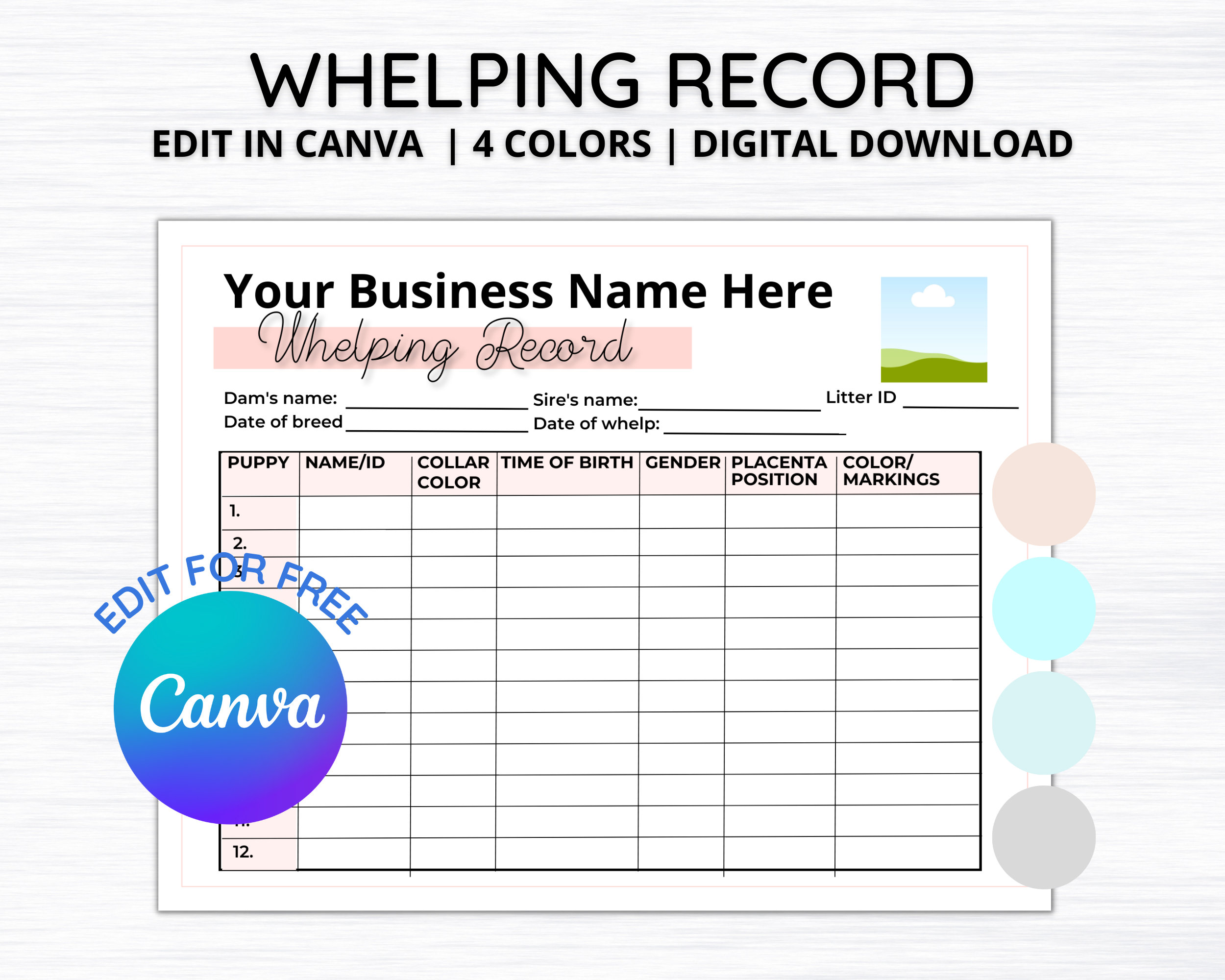 Editable Whelping Record, Dog Breeder Records, Dog Breeder Forms, Edit ...