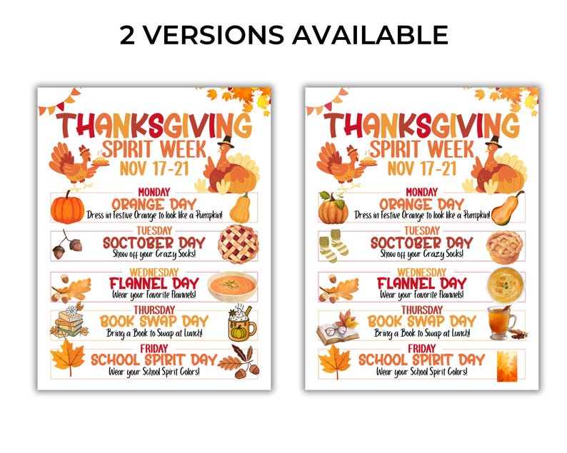 Customizable Thanksgiving School Spirit Week Flyer, PTO PTA Schedule ...