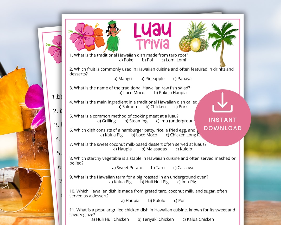 Luau Trivia Game, Printable Hawaiian Game for Kids & Adults,tropical ... Luau Trivia Game, Printable Hawaiian Game for Kids & Adults,tropical ...