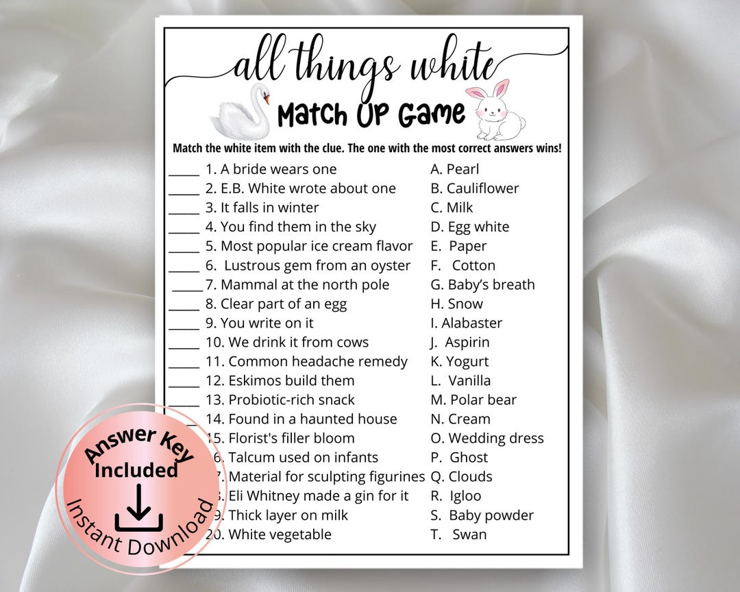 All Things White Trivia Game, Bridal and Engagement Party Printable ...
