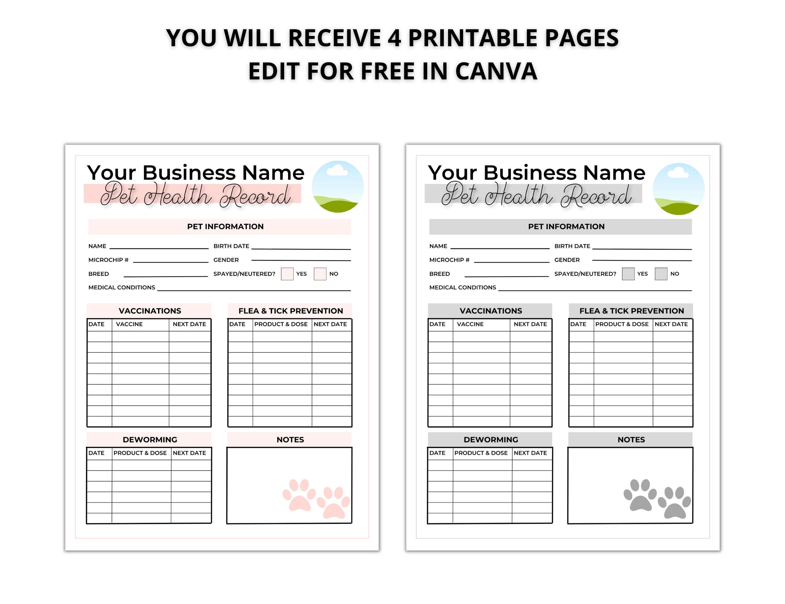 Editable Pet Health Record, Dog Breeder Records, Dog Breeder Forms ...