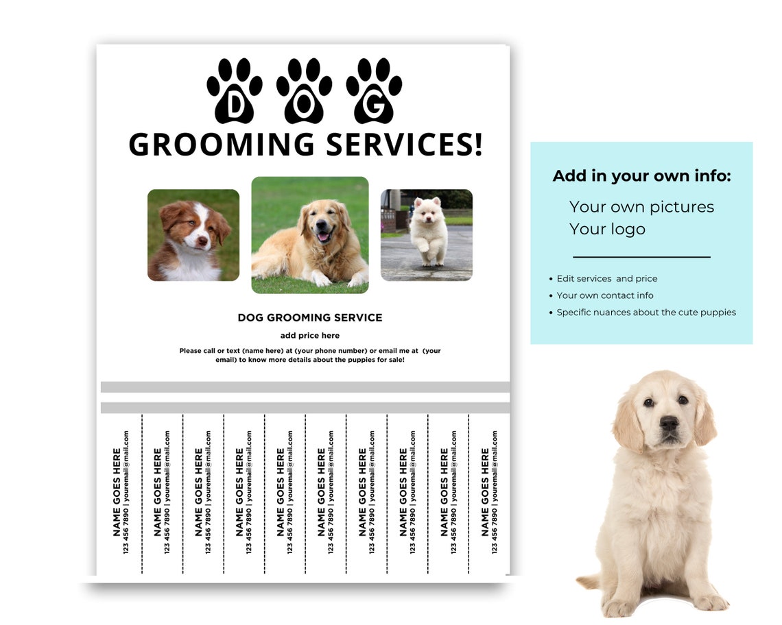 Editable Dog Grooming Marketing Flyer, Dog Groomer Tear off Flyer,dog ...