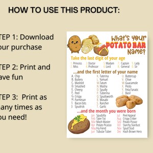 What's Your Potato Bar Name Game WITH NAMETAGS sign,baked Potato Bar ...