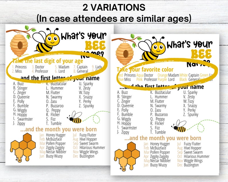 What's Your Bee Name Game WITH NAMETAGS + SIGN, What Will Your Baby Bee ...