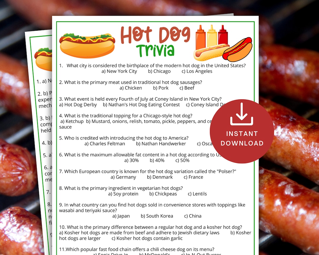 Hot Dog Trivia Game, Printable Hot Dog Game for Kids & Adults, BBQ Baby ...