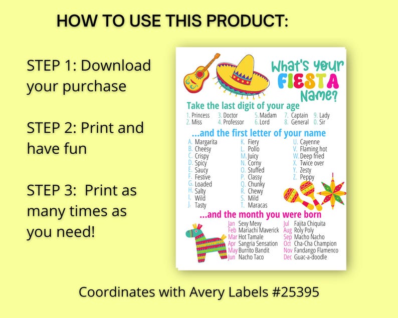 What's Your Fiesta Name Game WITH NAMETAGS + SIGN, Cinco De Mayo Party ...