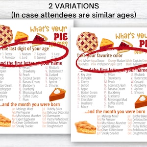 What's Your Pie Name Game WITH NAMETAGS + SIGN, Pie Holiday Party Game ...