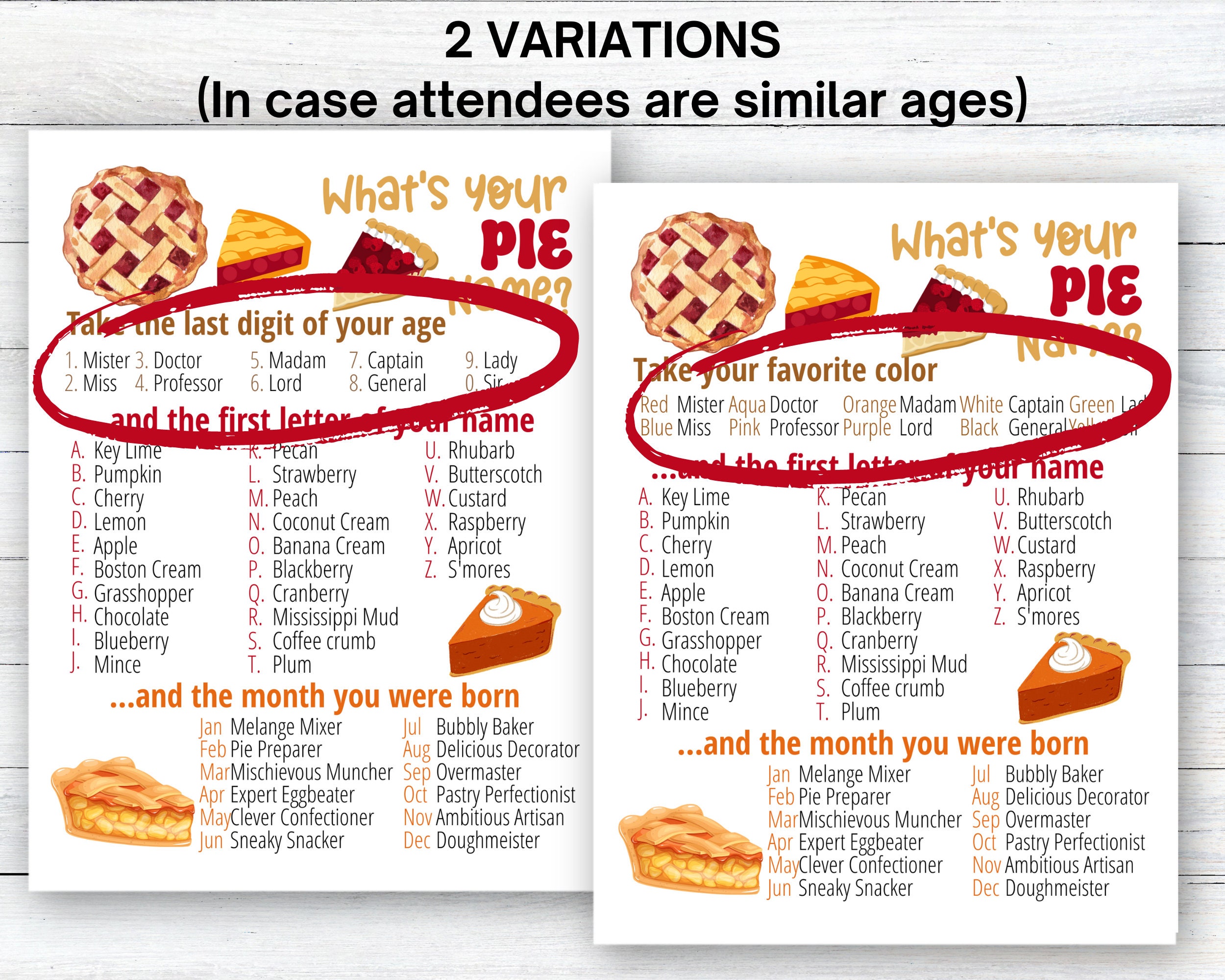 What's Your Pie Name Game WITH NAMETAGS + SIGN, Pie Holiday Party Game ...