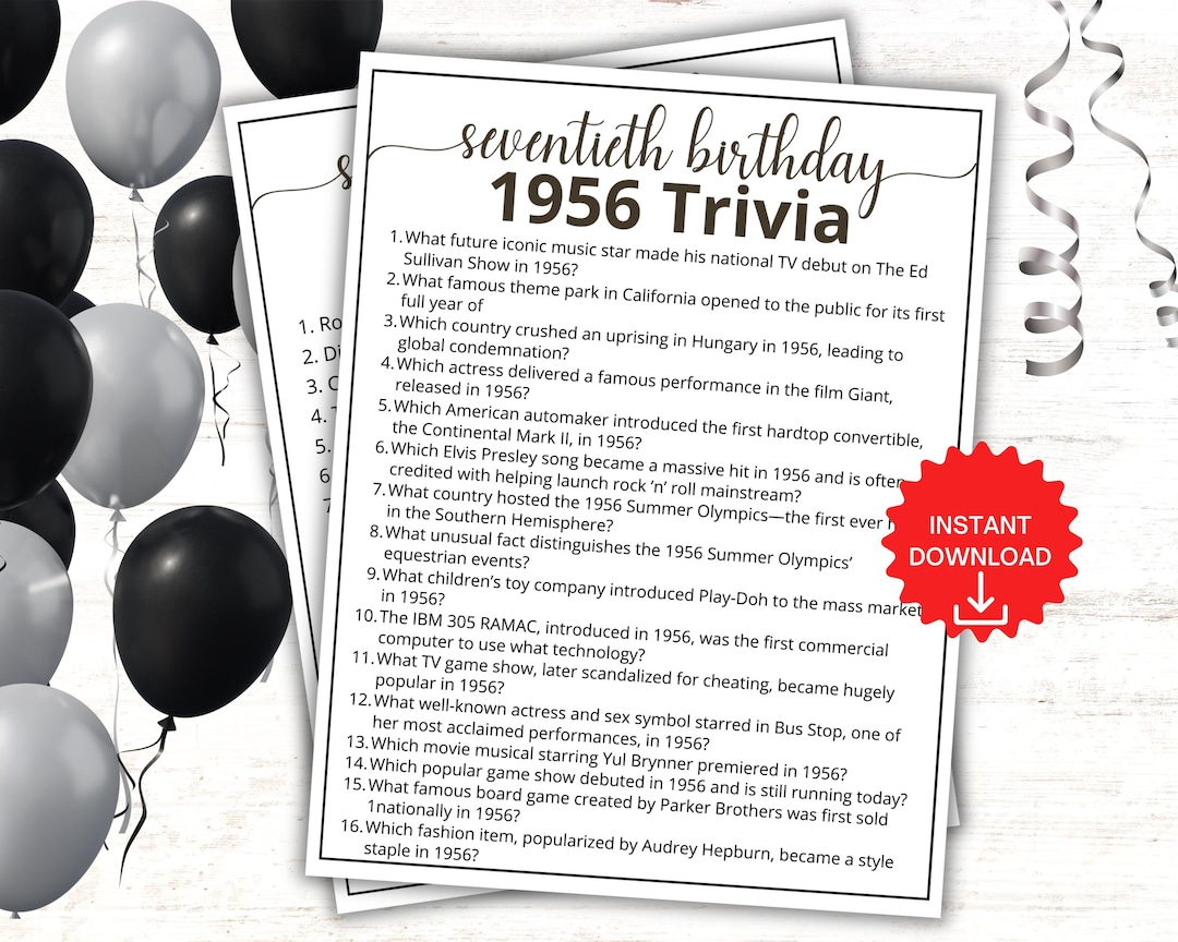 1956 Trivia Game, 70th Birthday Party Games, Born in 1956 Game, 1956 ...