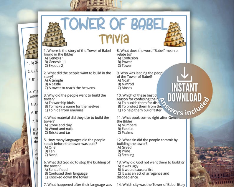 Tower of Babel Trivia Game for Kids, Sunday School Bible Games, Old ...