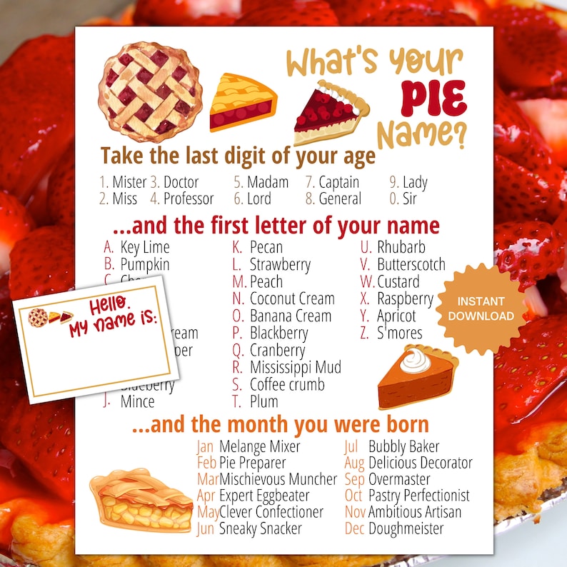 What's Your Pie Name Game WITH NAMETAGS + SIGN, Pie Holiday Party Game ...